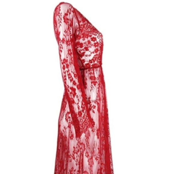 Boutique | Dresses | Sexy Blood Red Lace Maxi Dress Sheer Full Length ...